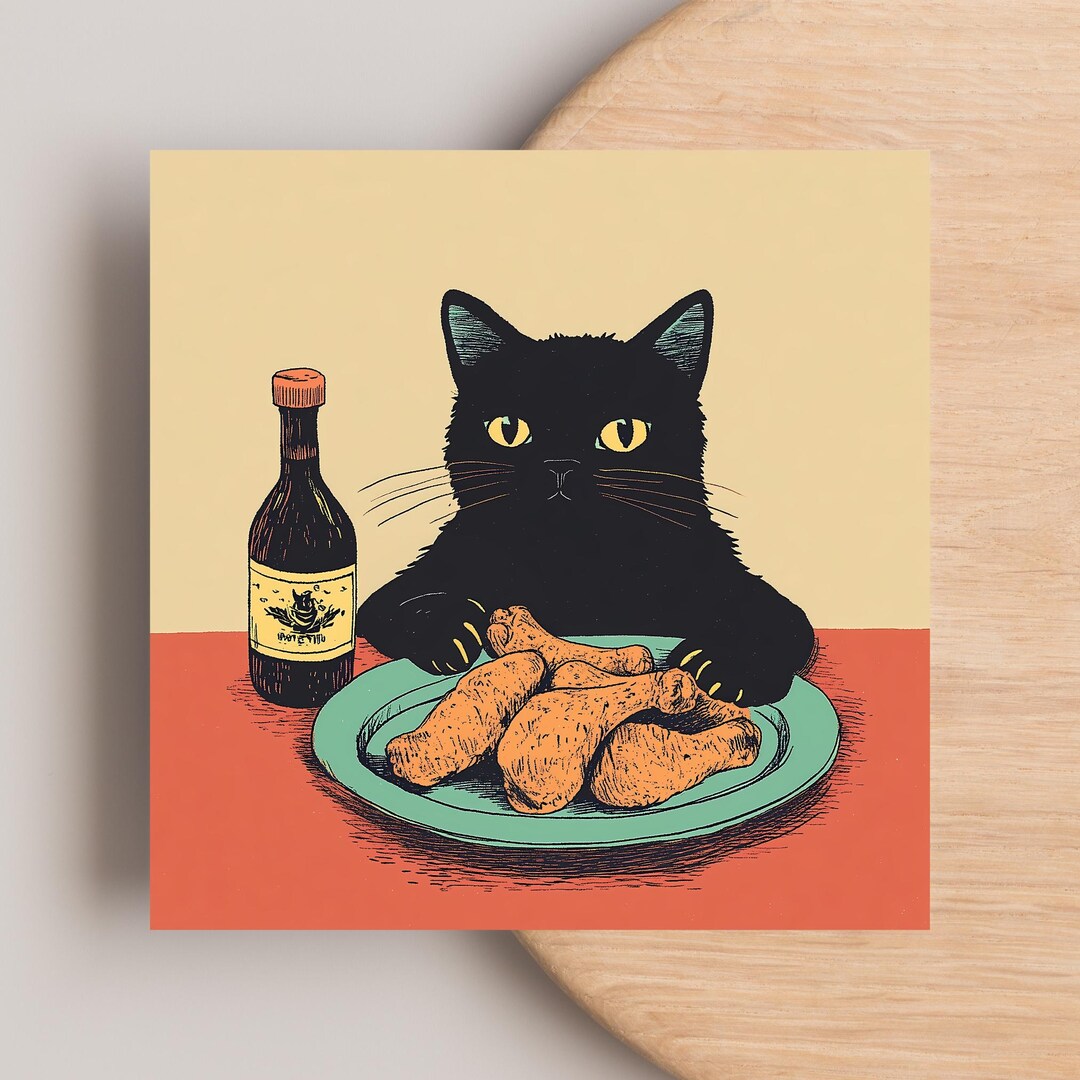Black Cat Chicken Wing Wall Art, Quirky Kitchen Decor, Food Print, Hot ...