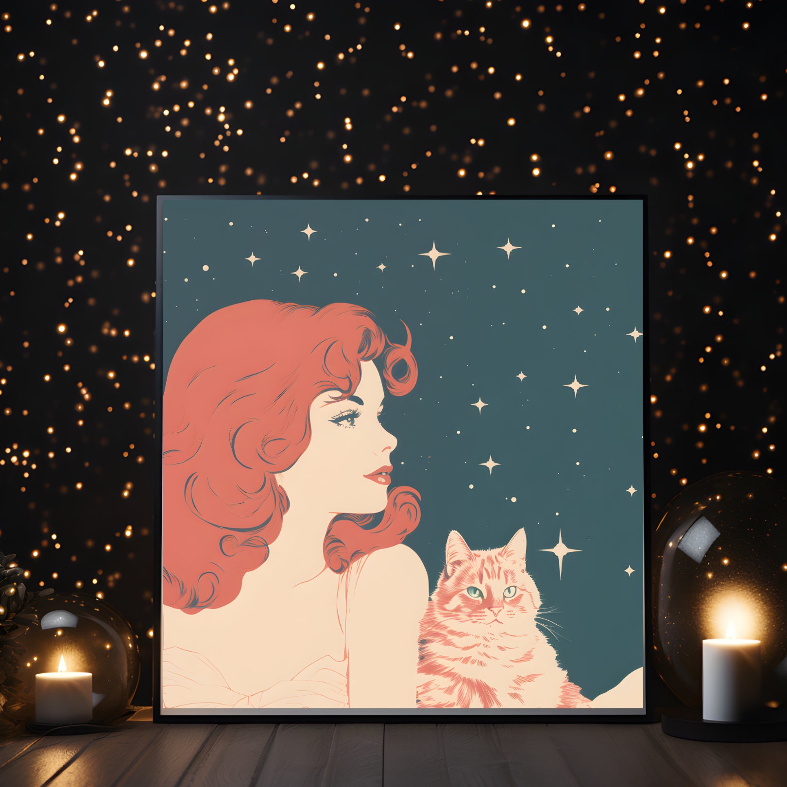 Vintage 70s Boho Celestial Red-haired Girl and Orange Tabby Ginger Cat ...