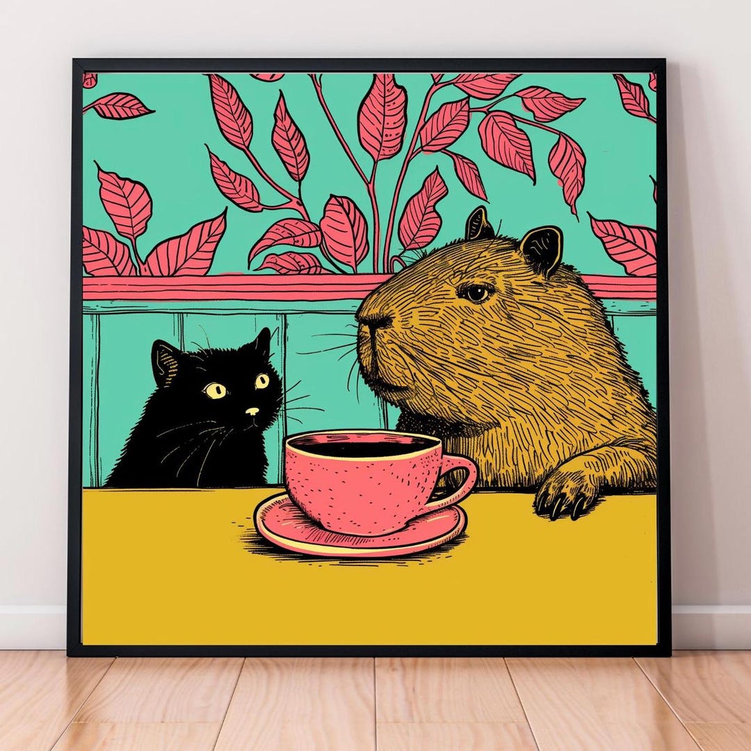 Capybara Cat Art Print for Coffee Lover, Quirky Pink Teal Wall Decor ...