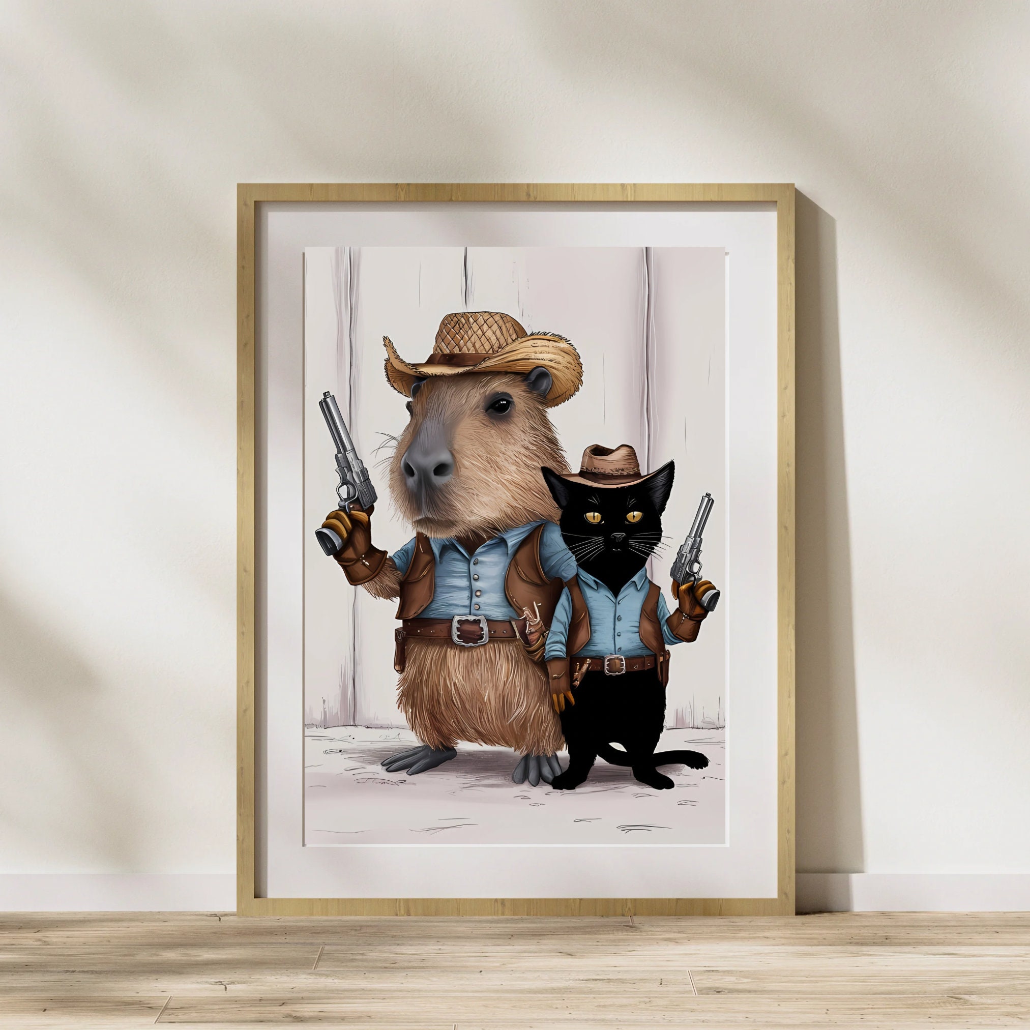 Capybara Cat Wall Art, Western Home Decor, Funny Cat Poster, Quirky ...