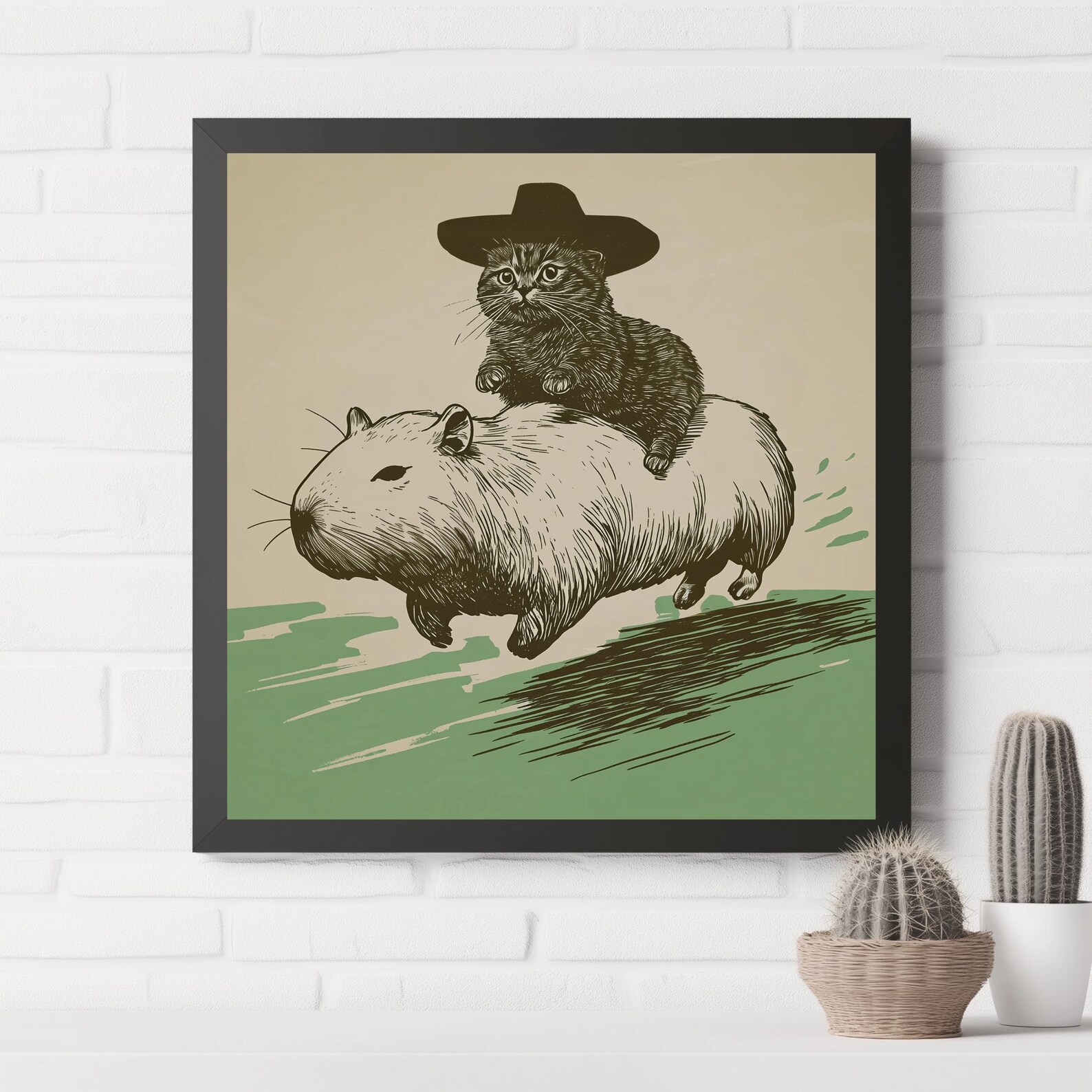Funny Cowboy Cat & Capybara Art Print – Quirky Retro Home Decor - Etsy