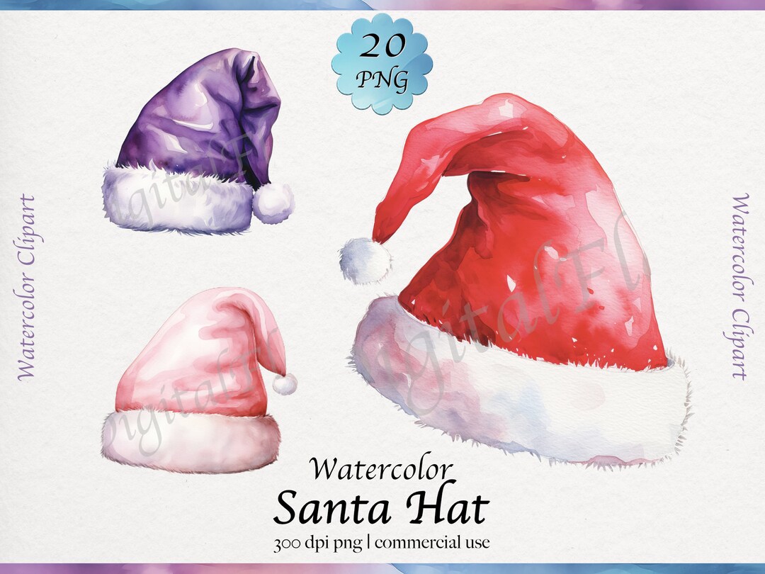 20 Watercolor Santa Hat Clipart, Festive Hats, Holiday Spirit, Colorful ...