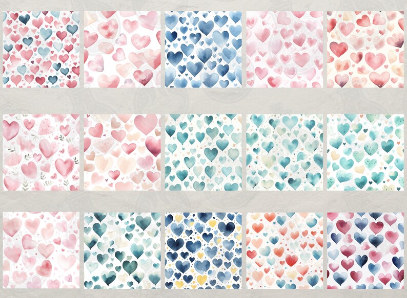 55 Seamless Watercolor Heart Pattern, Digital Paper Pack, Light, Love ...