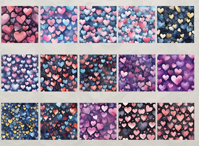 55 Seamless Watercolor Heart Pattern, Digital Paper Pack, Dark, Love ...