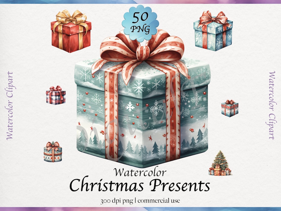 50 Watercolor Christmas Presents Clipart, Gift Box, Festive, Holiday ...