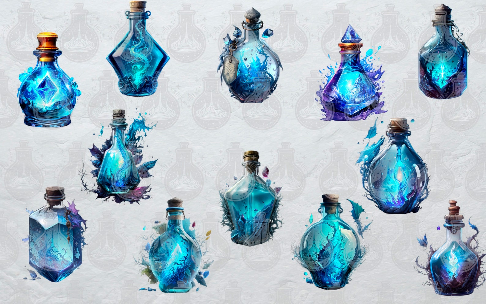 12 Fantasy Mana Potion Clipart, Blue, Icy, Mana, Vibrant, Magic Potions ...