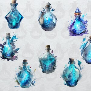 12 Fantasy Mana Potion Clipart, Blue, Icy, Mana, Vibrant, Magic Potions ...