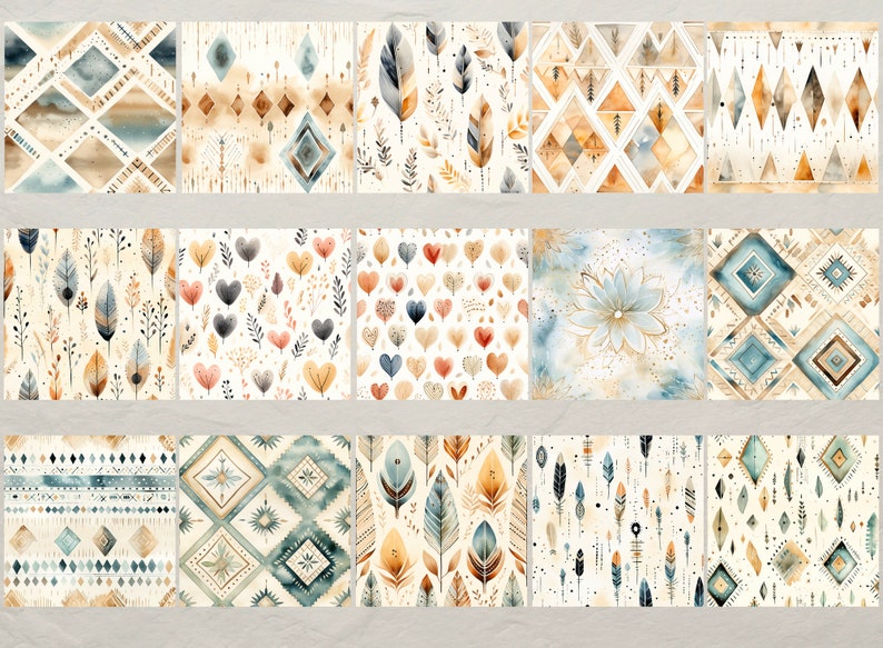 30 Seamless Watercolor Bohemian Pattern Digital Paper Pack, Seamless ...