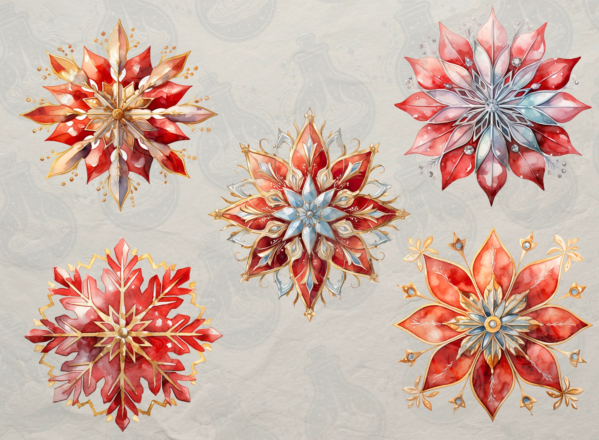 15 Watercolor Red Snowflakes Clipart, Winter Wonderland, Holiday Decor ...