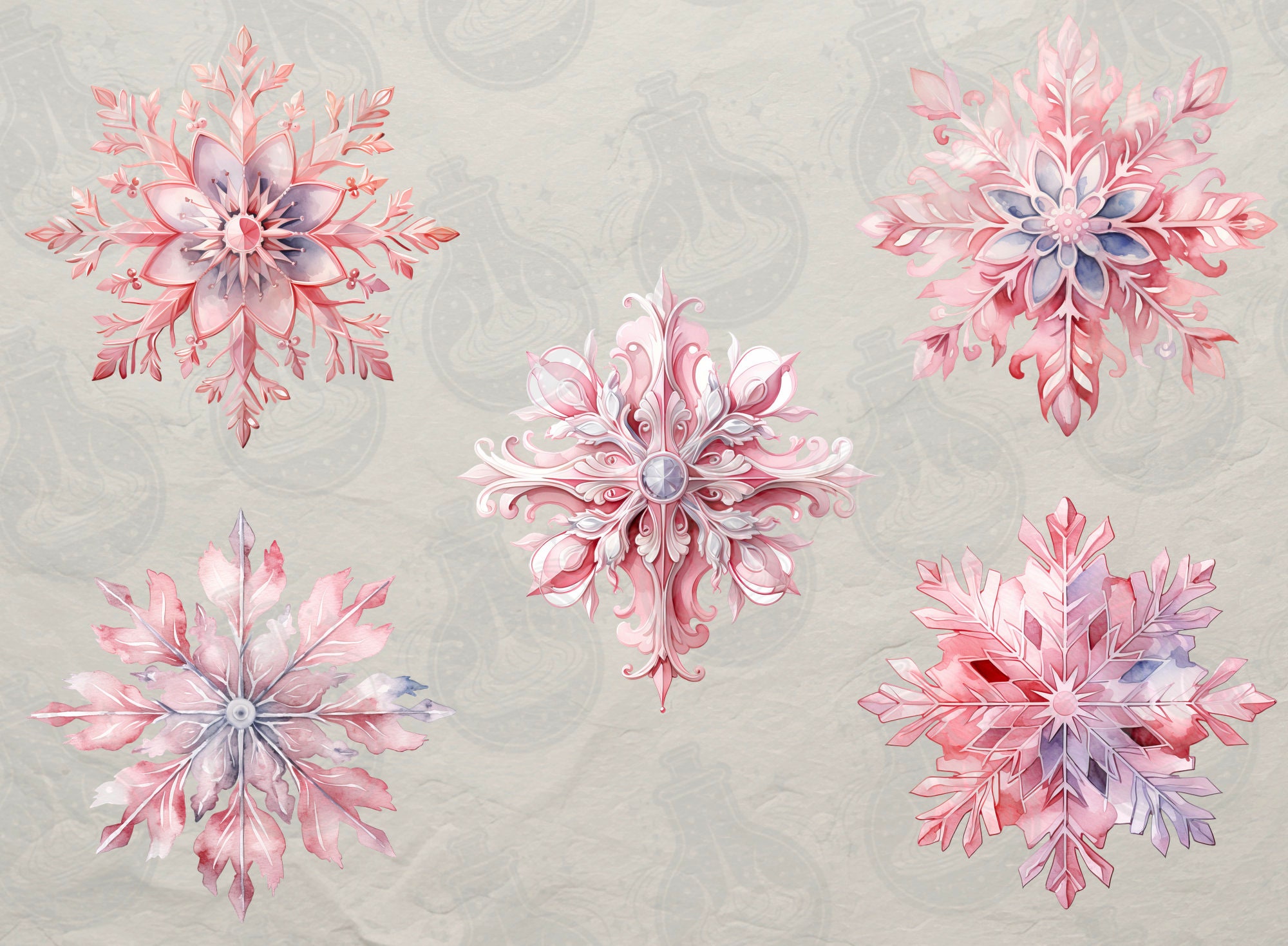 15 Watercolor Pink Snowflakes Clipart, Winter Wonderland, Holiday Decor ...