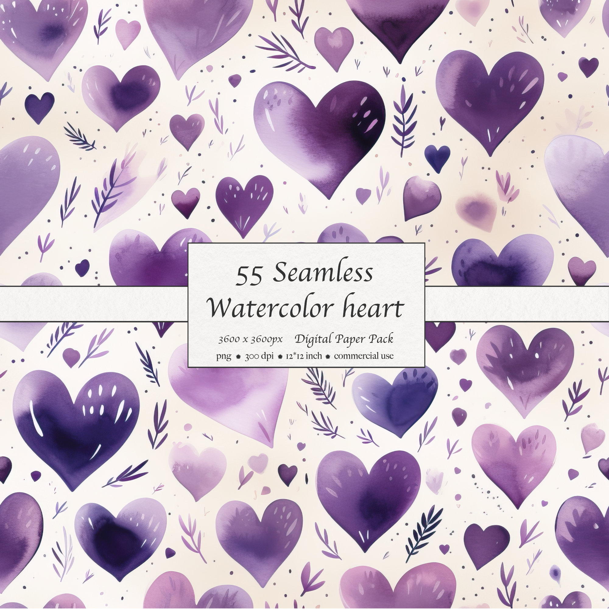 55 Seamless Watercolor Heart Pattern, Digital Paper Pack, Light, Love ...