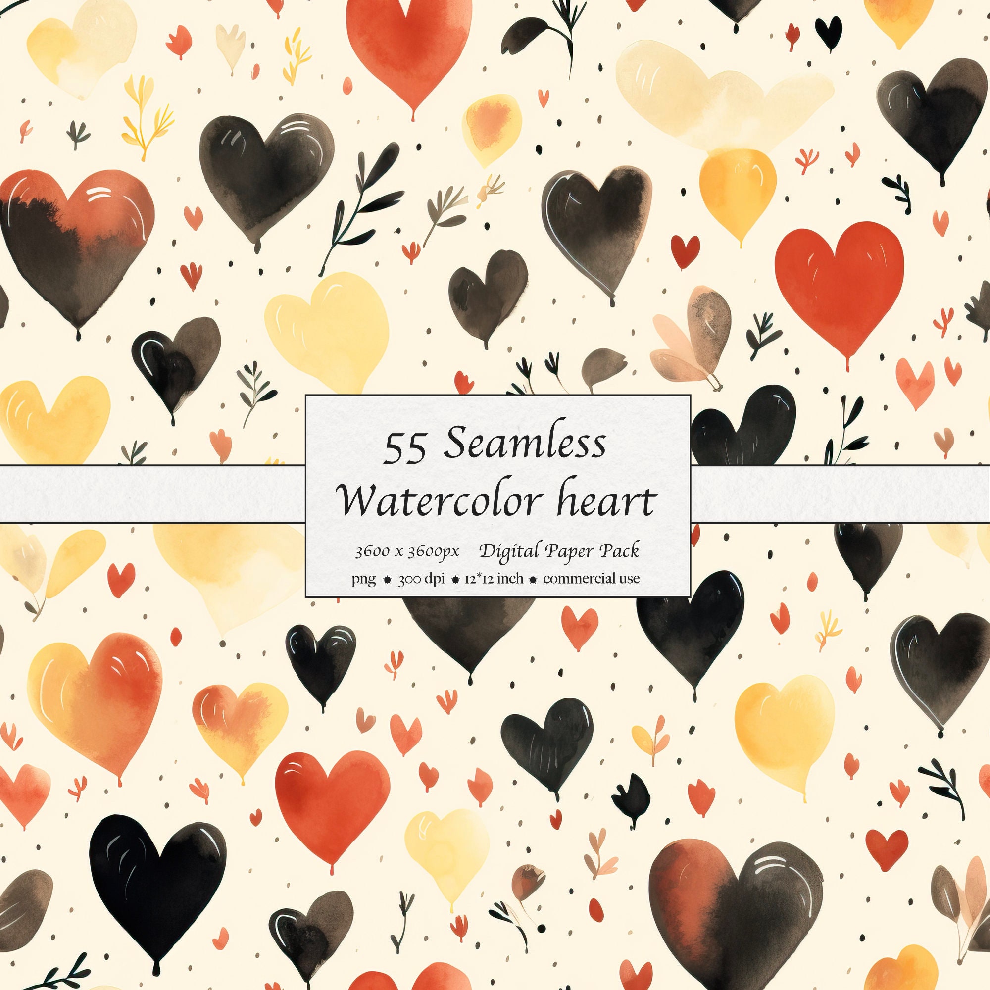 55 Seamless Watercolor Heart Pattern, Digital Paper Pack, Light, Love ...