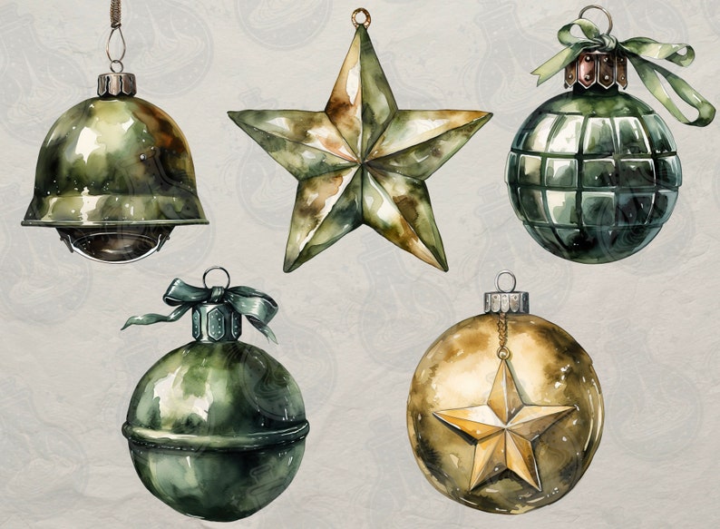 20 Watercolor Military Christmas Tree Ornaments Clipart, Holiday Bauble ...