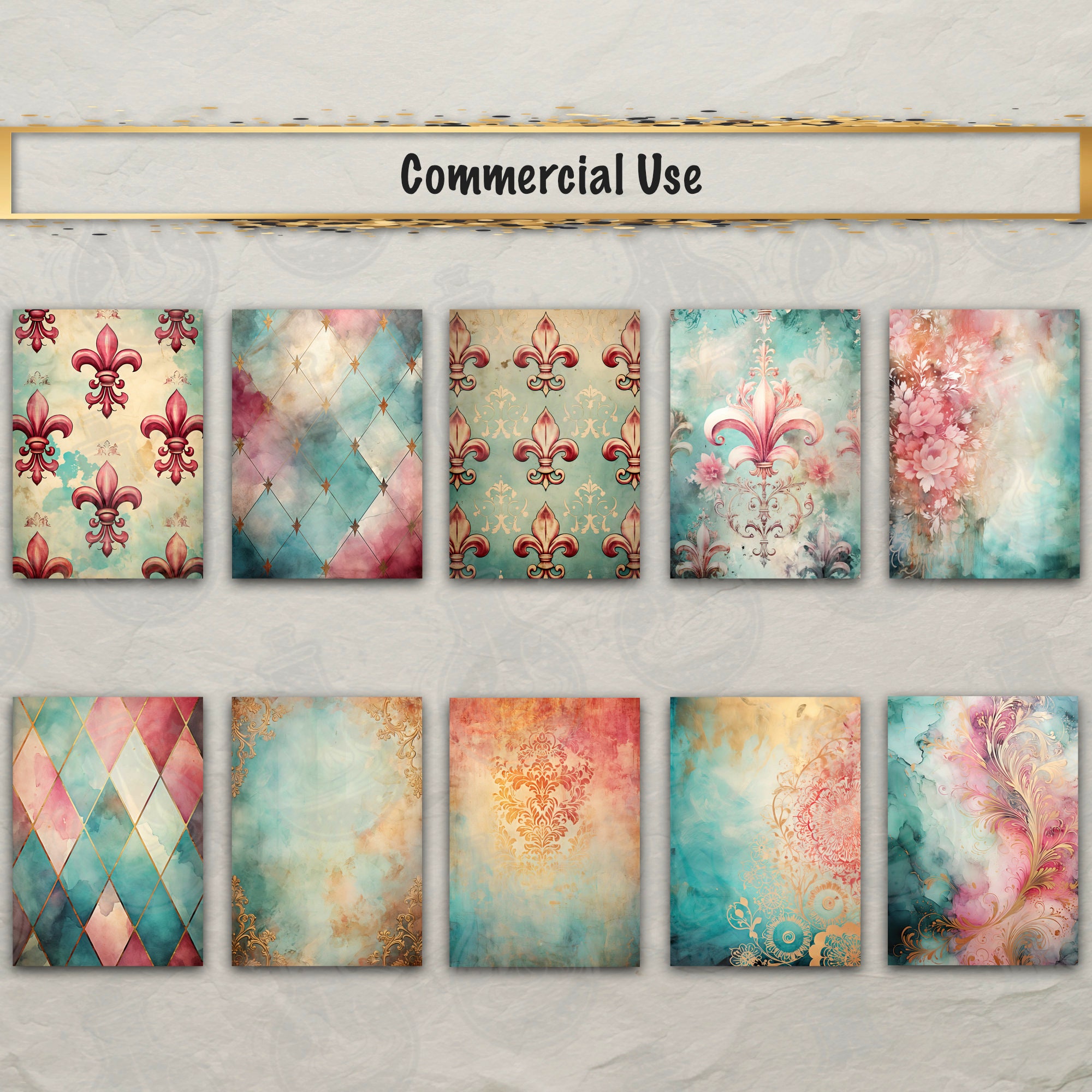 Printable Paper, 50 Sheets, Fleur De Lis, Hearts, Harlequin, Distressed ...