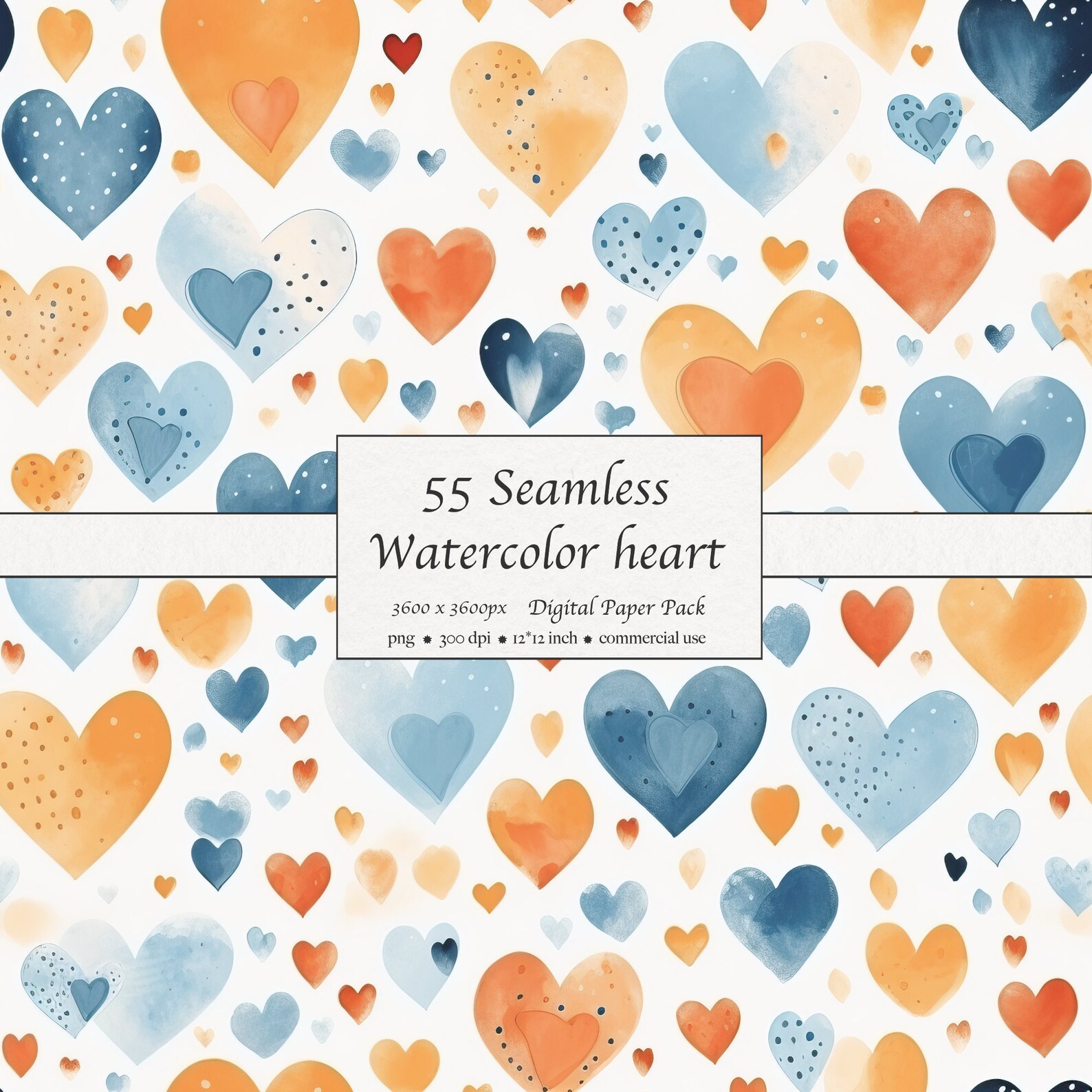 55 Seamless Watercolor Heart Pattern, Digital Paper Pack, Light, Love ...