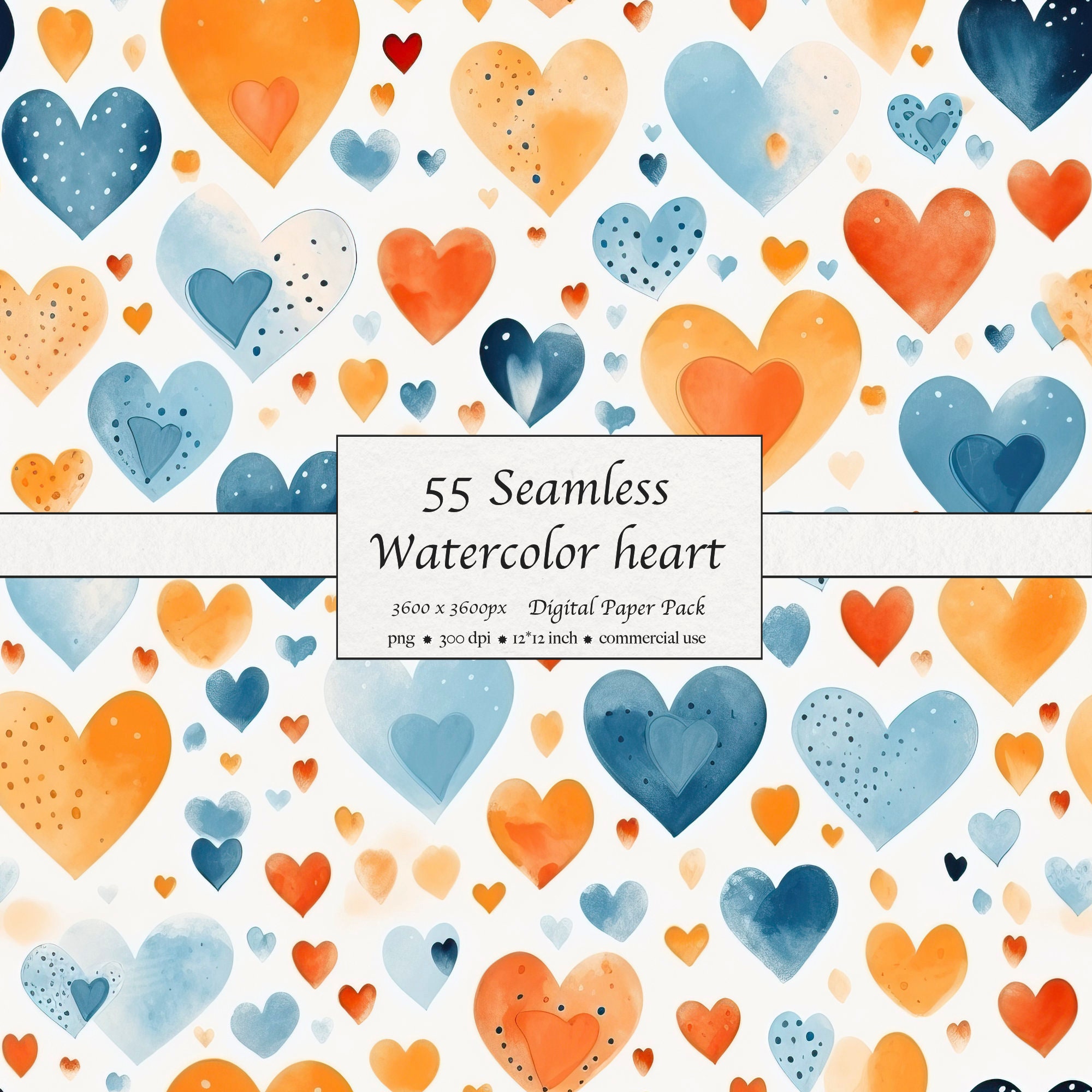55 Seamless Watercolor Heart Pattern, Digital Paper Pack, Light, Love ...