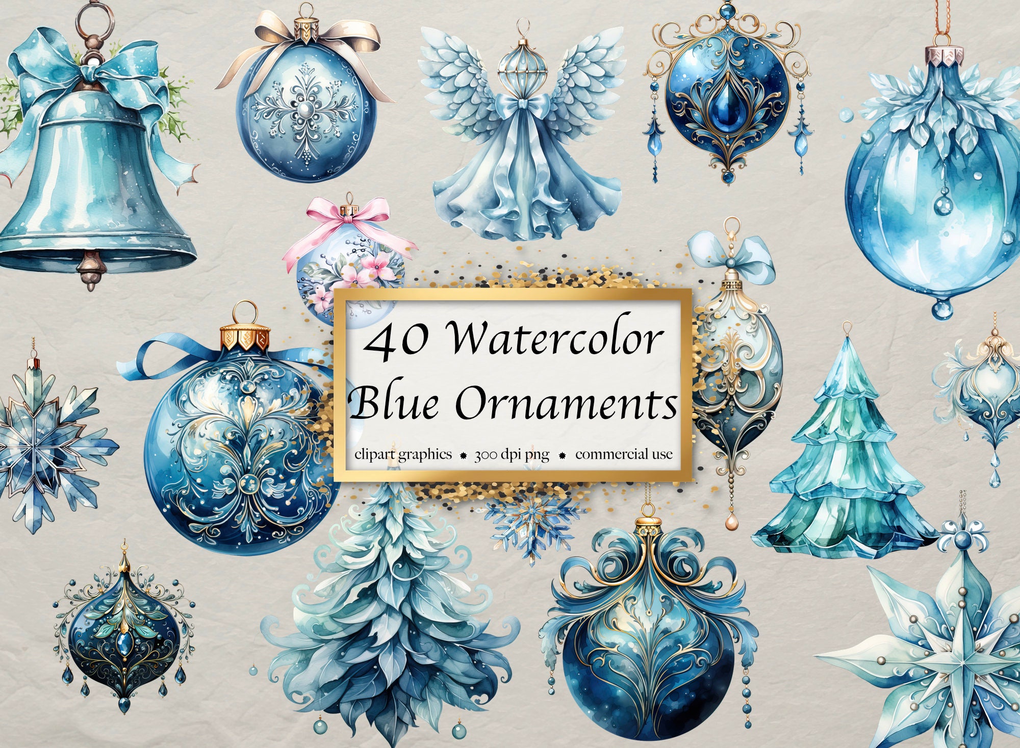40 Watercolor Blue Christmas Tree Ornaments Clipart, Elegant Holiday ...