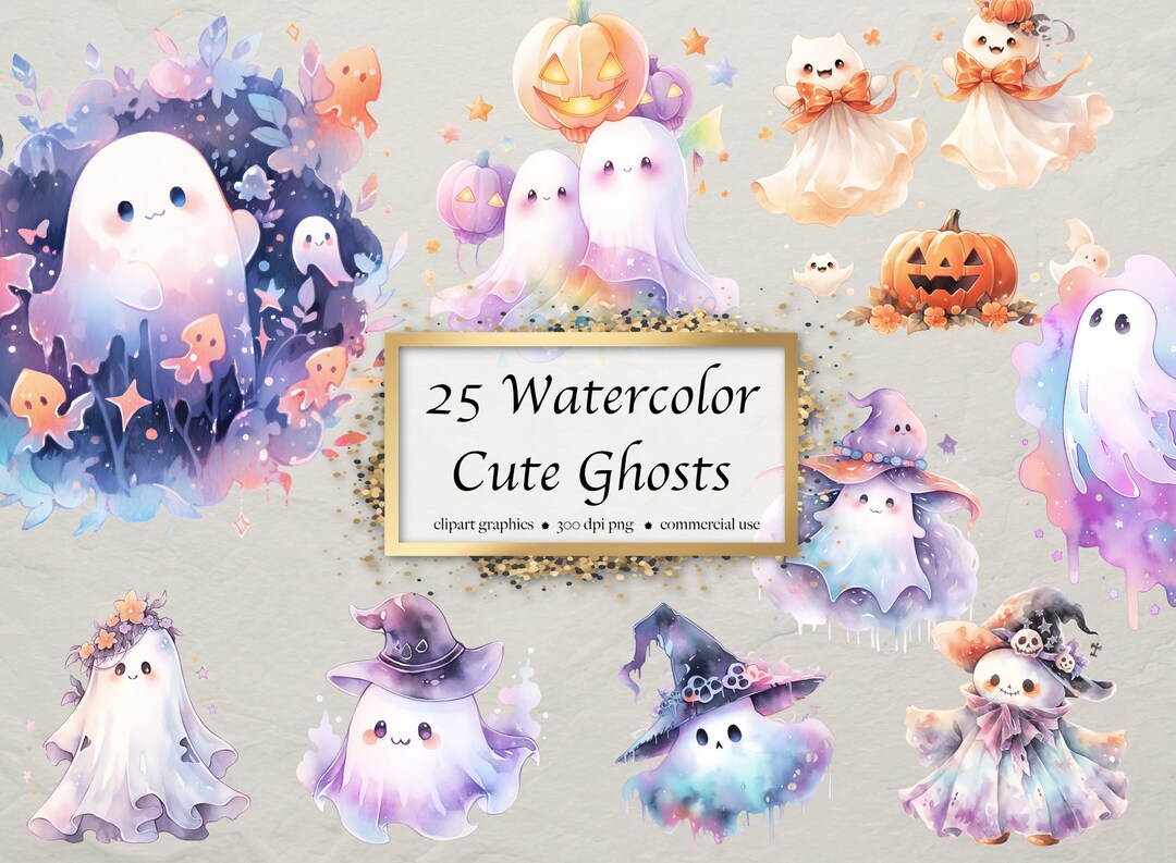 Watercolor Cute Ghosts Clipart Bundle of 25, Spooky, Halloween, Witch ...
