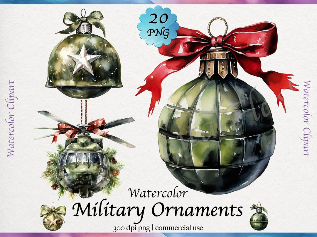 20 Watercolor Military Christmas Tree Ornaments Clipart, Holiday Bauble ...