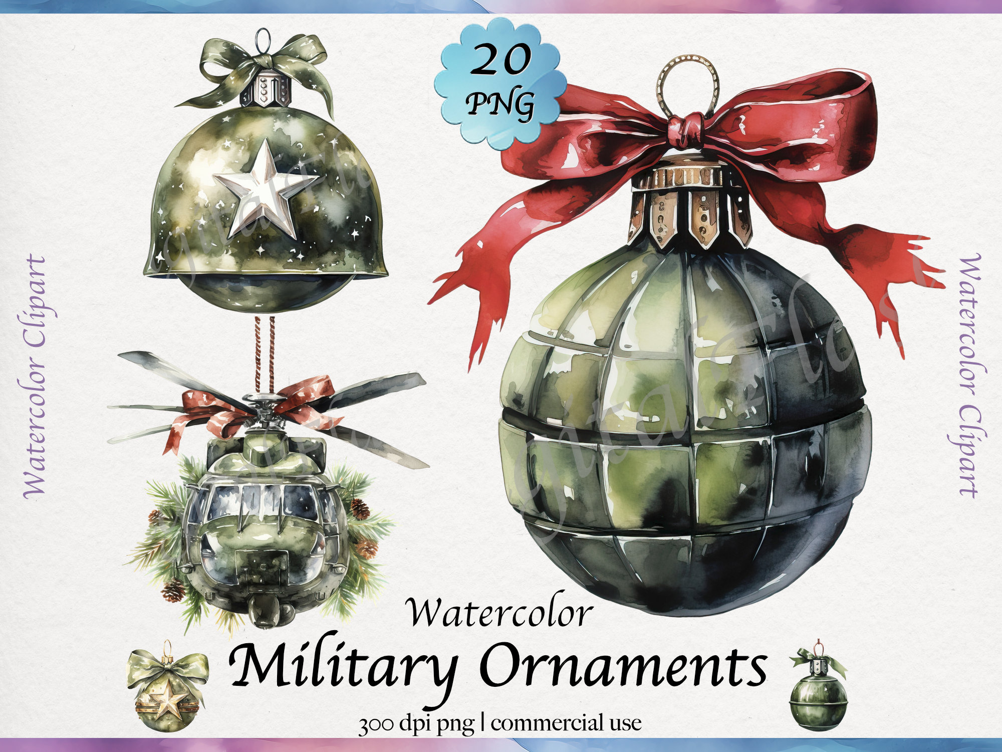 20 Watercolor Military Christmas Tree Ornaments Clipart, Holiday Bauble ...
