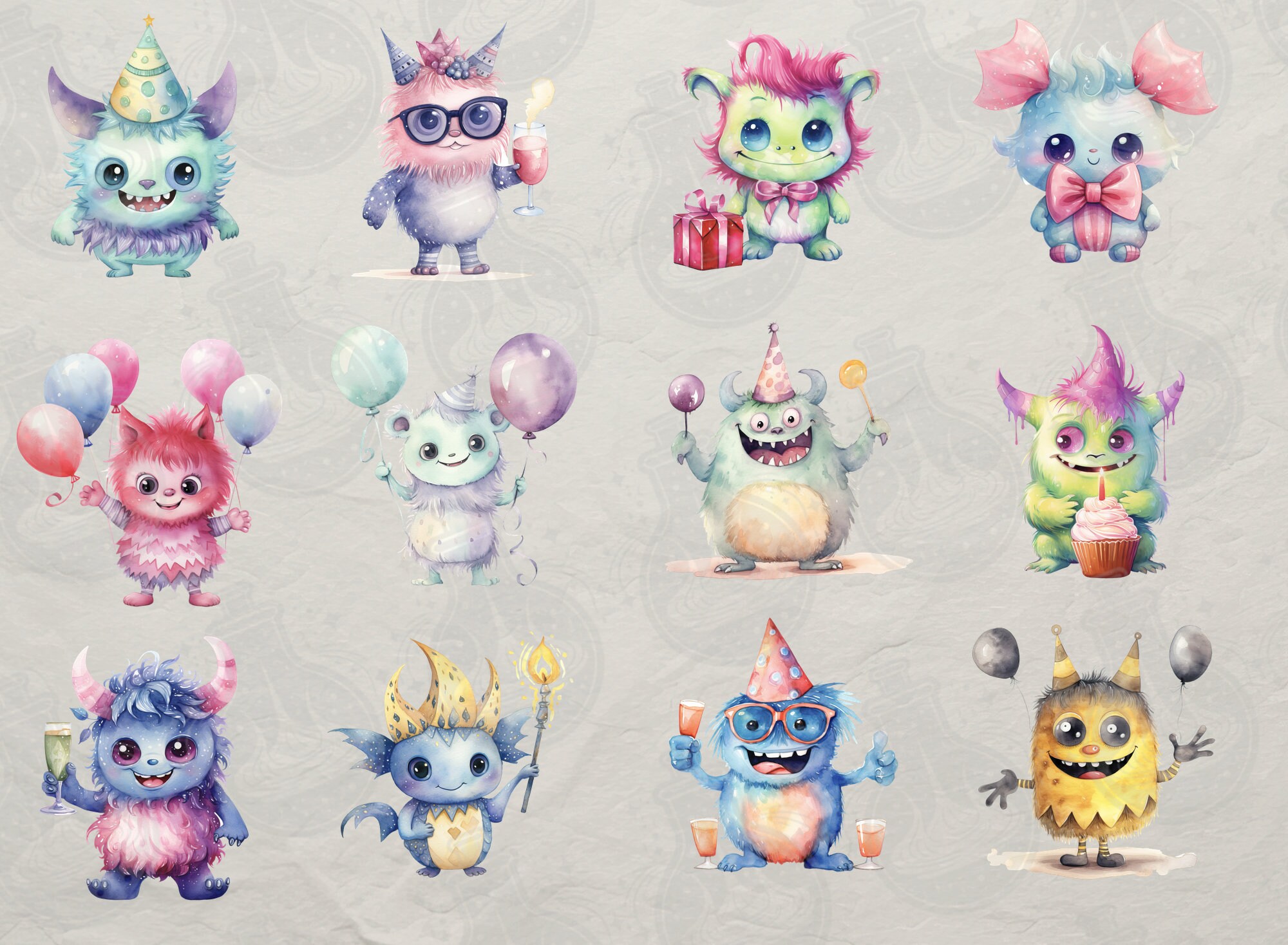 100 Watercolor Cute Party Monster Clipart, Birthday Party, New Year ...
