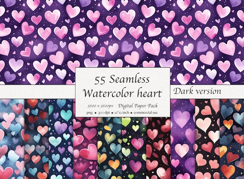 55 Seamless Watercolor Heart Pattern, Digital Paper Pack, Dark, Love ...