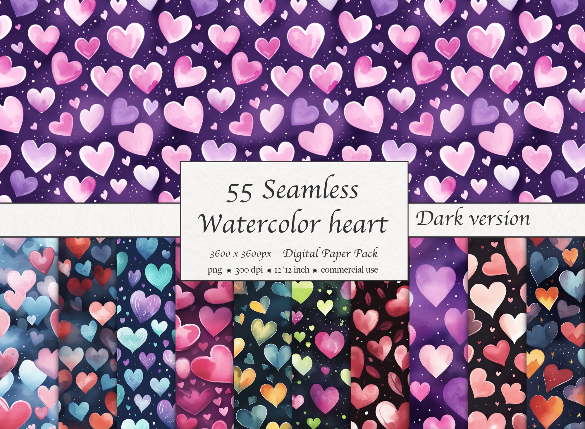 55 Seamless Watercolor Heart Pattern, Digital Paper Pack, Dark, Love ...
