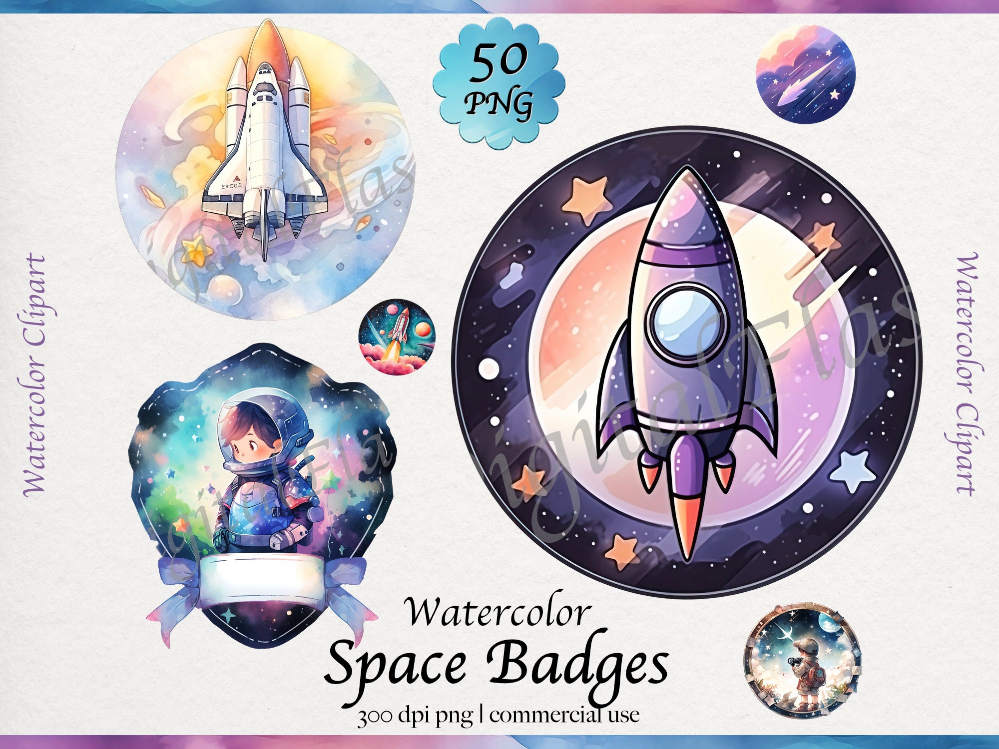 50 Watercolor Space Badges Clipart Patch Rocket Spaceship Planet ...