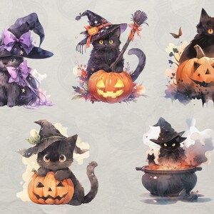 Watercolor Black Cat Halloween Clipart Bundle of 20, Witch Cat, Witch ...