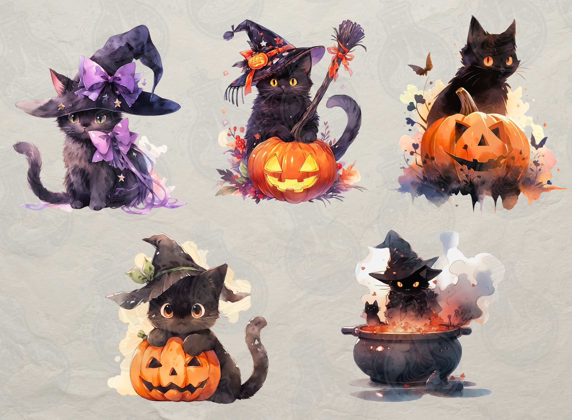 Watercolor Black Cat Halloween Clipart Bundle of 20, Witch Cat, Witch ...