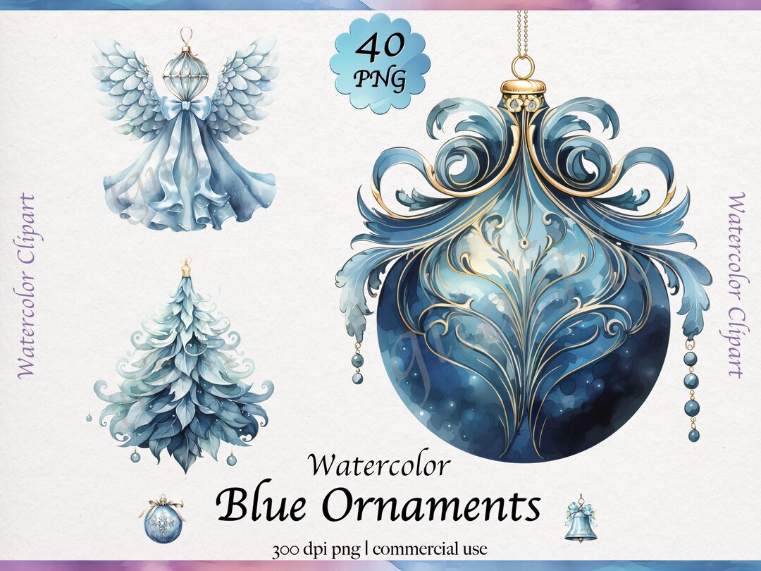 40 Watercolor Blue Christmas Tree Ornaments Clipart, Elegant Holiday ...
