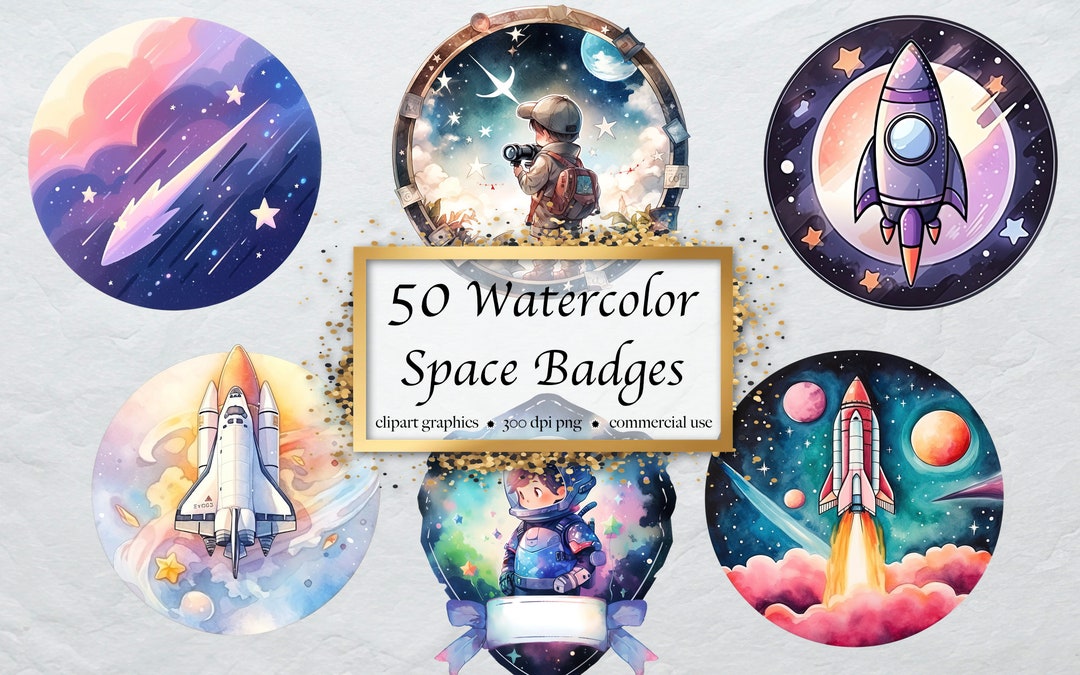 50 Watercolor Space Badges Clipart Patch Rocket Spaceship - Etsy UK