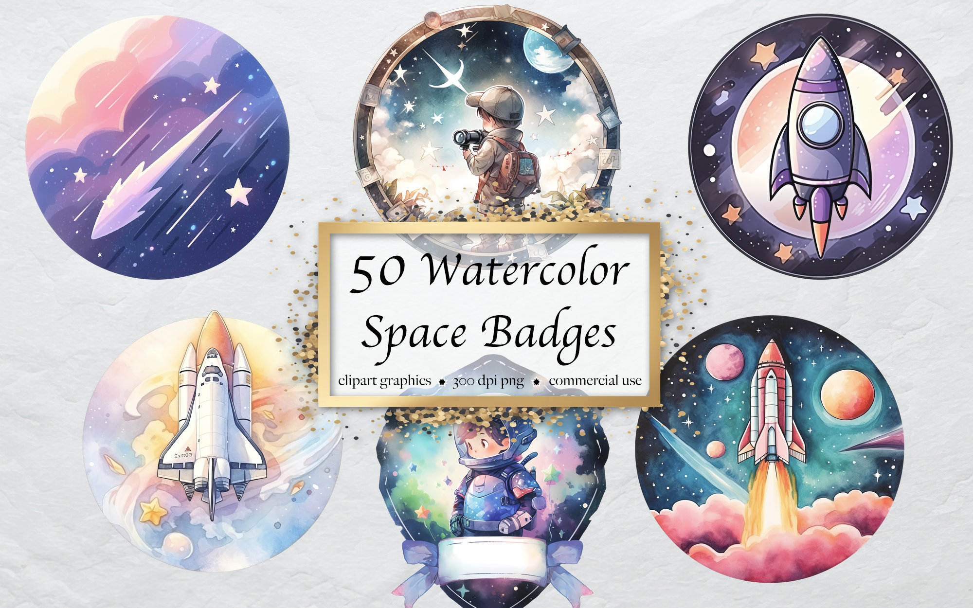 50 Watercolor Space Badges Clipart Patch Rocket Spaceship Planet ...