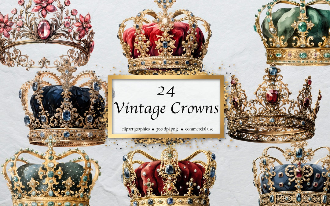 24 Vintage Crown Cliparts, Regal, Royal, Watercolor and Line Art, High ...
