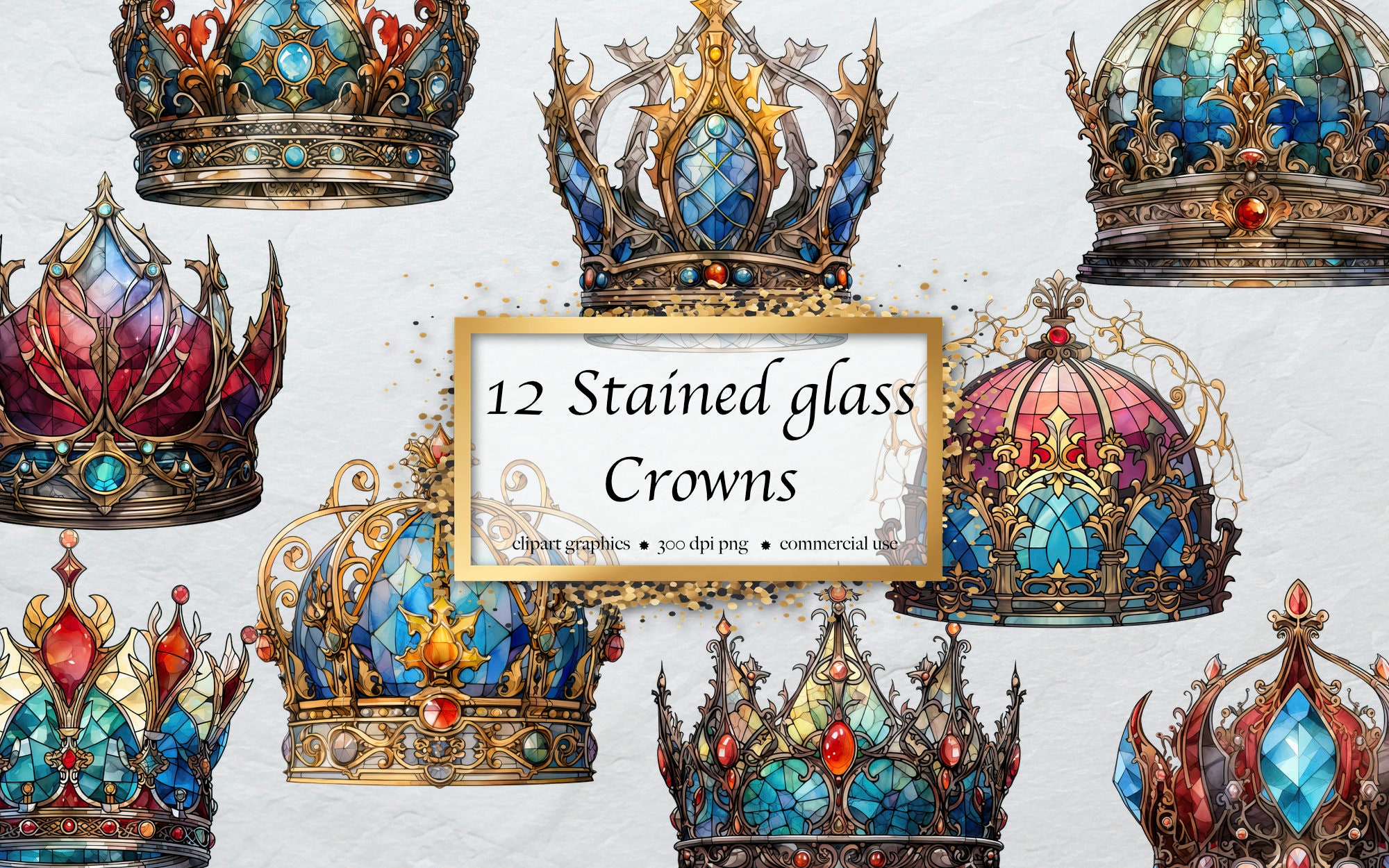 12 Stained Glass Crown Cliparts, Regal, Royal, Watercolored Line Art ...