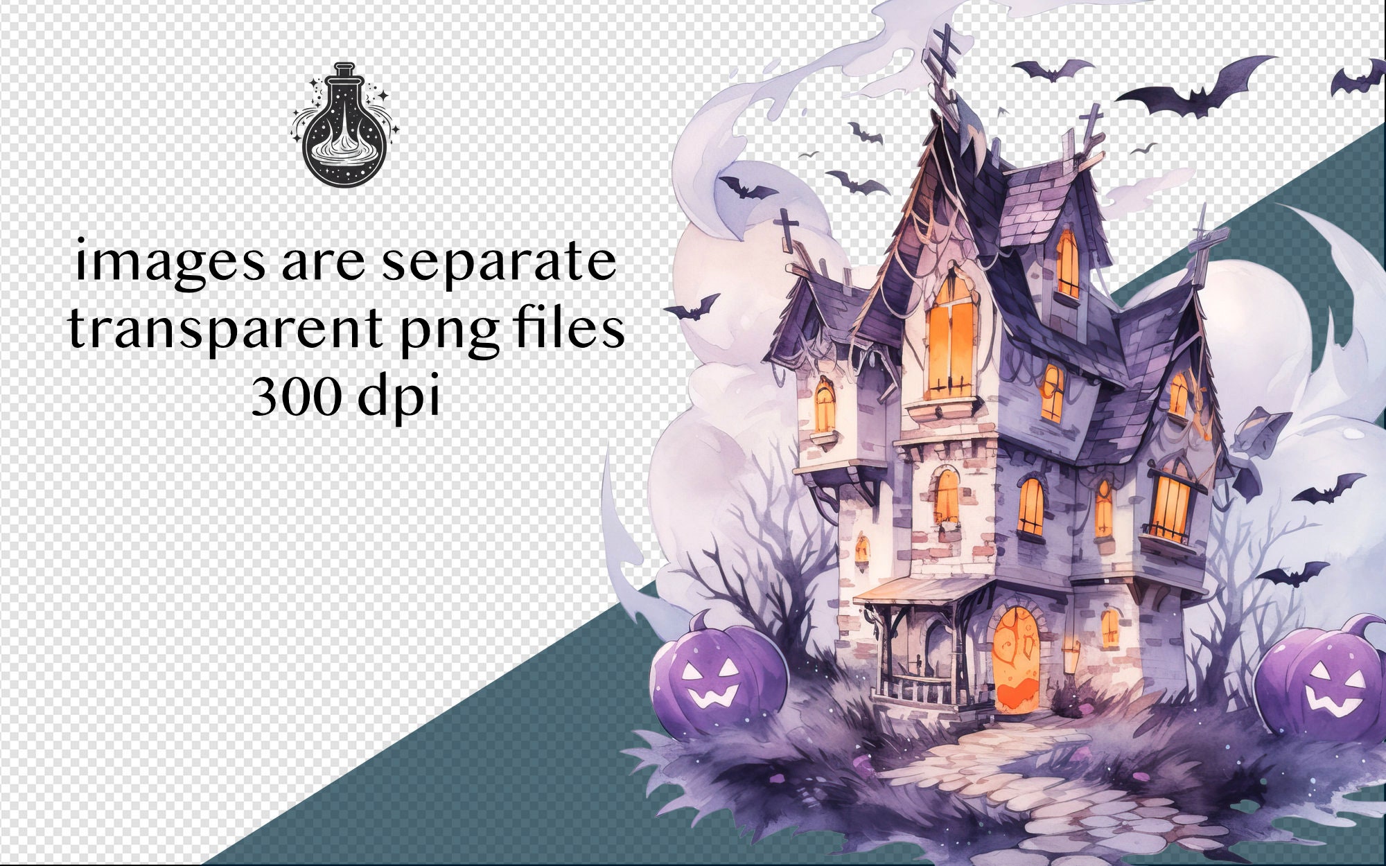 Watercolor Haunted House Clipart Bundle of 35, Spooky, Manor, Halloween ...