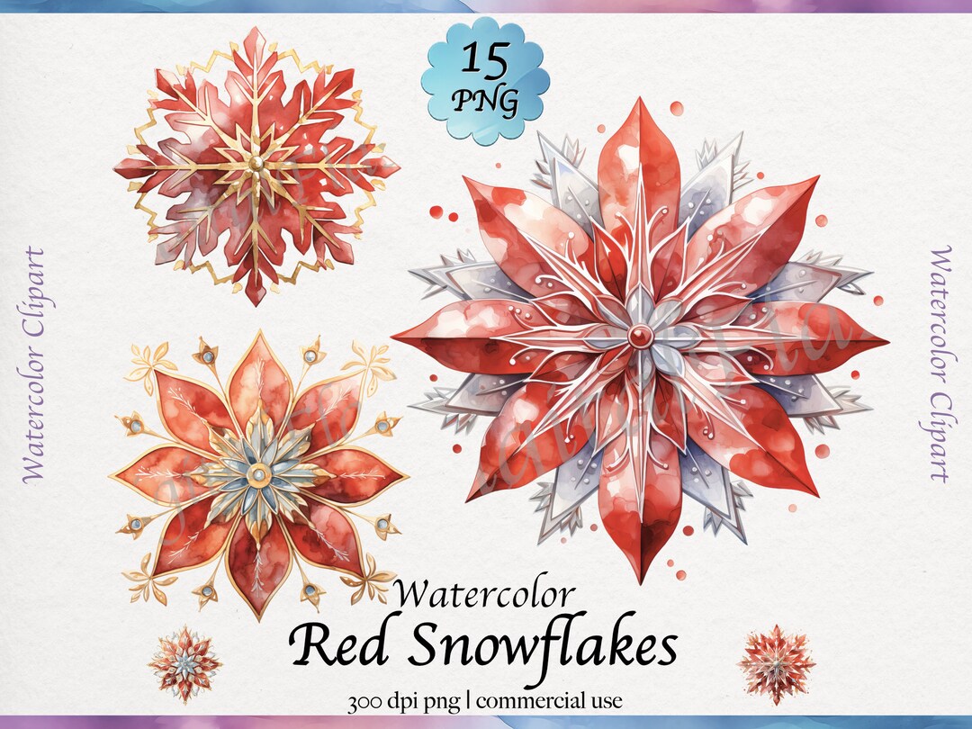 15 Watercolor Red Snowflakes Clipart, Winter Wonderland, Holiday Decor ...