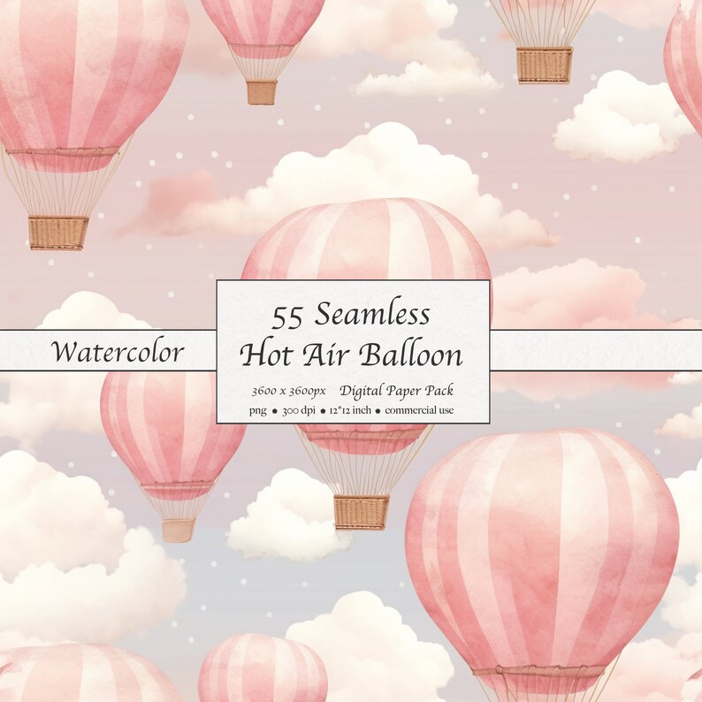 55 Seamless Watercolor Hot Air Balloon Pattern, Digital Paper Pack ...