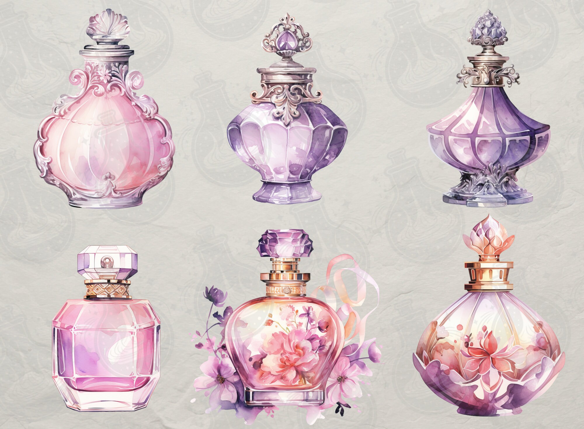 30 Watercolor Perfume Bottle Clipart, Victorian, Pink, Purple ...
