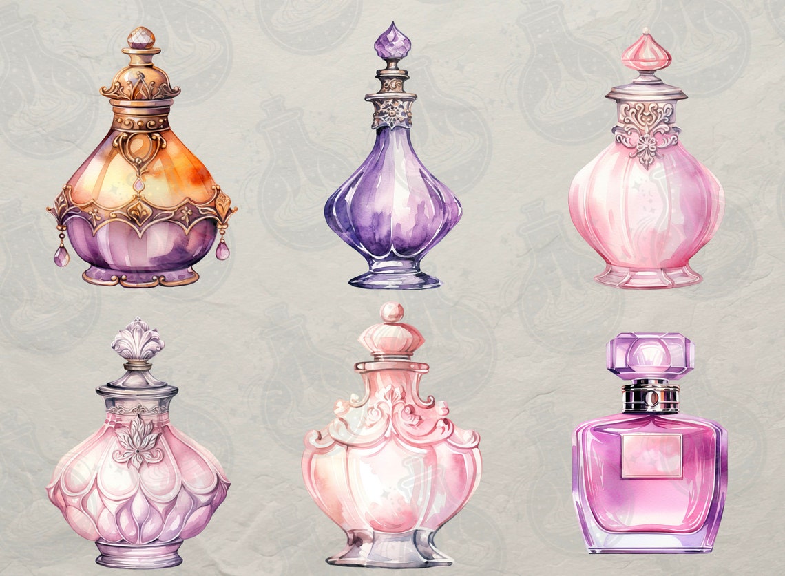 30 Watercolor Perfume Bottle Clipart, Victorian, Pink, Purple ...