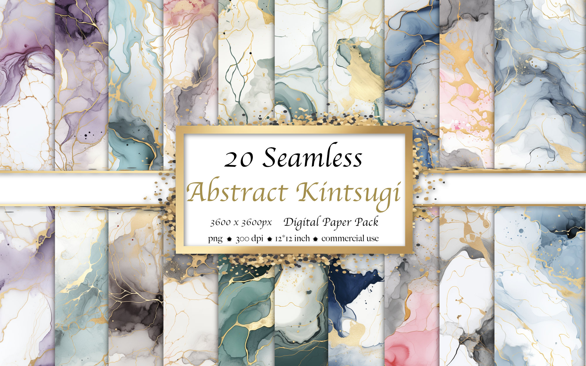 20 Seamless Abstract Kintsugi, Ink Blot, Marble, Digital Paper Pack ...