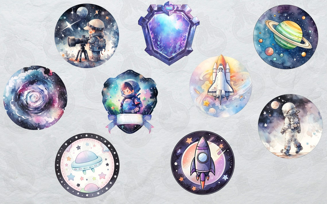 50 Watercolor Space Badges Clipart Patch Rocket Spaceship - Etsy