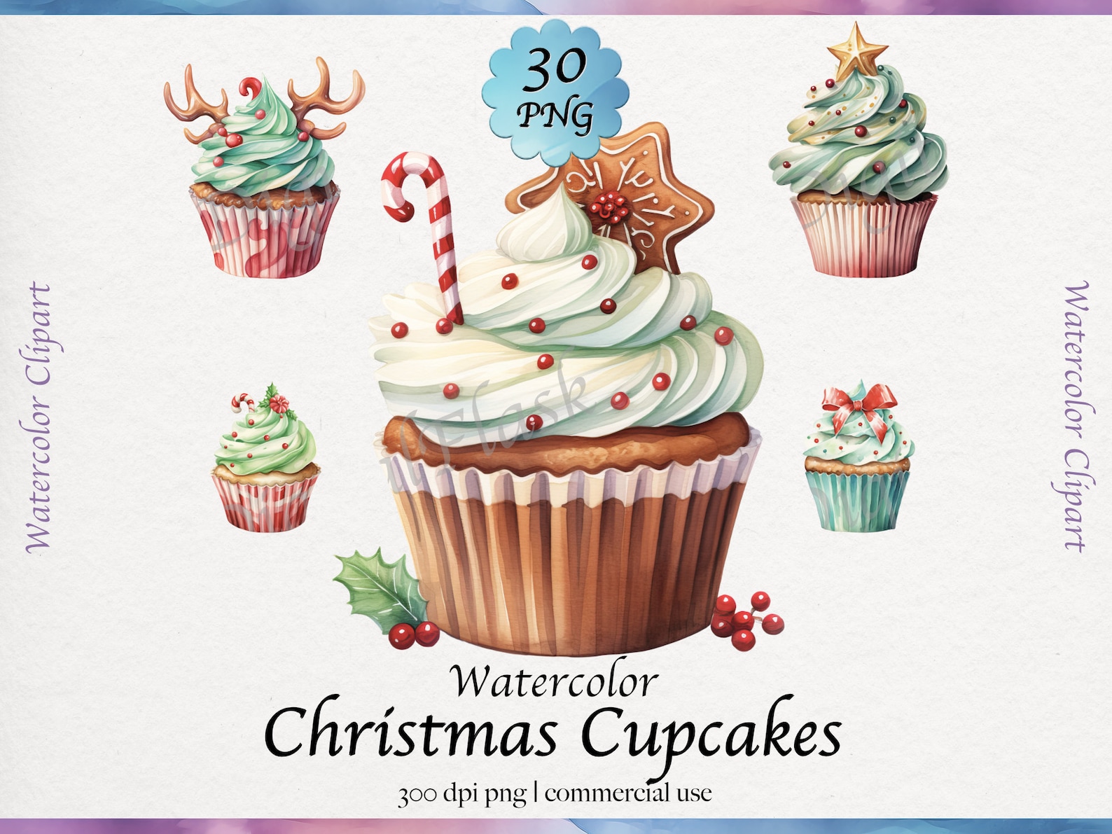 30 Watercolor Christmas Cupcake Clipart, Festive Bakery, Holiday Spirit ...