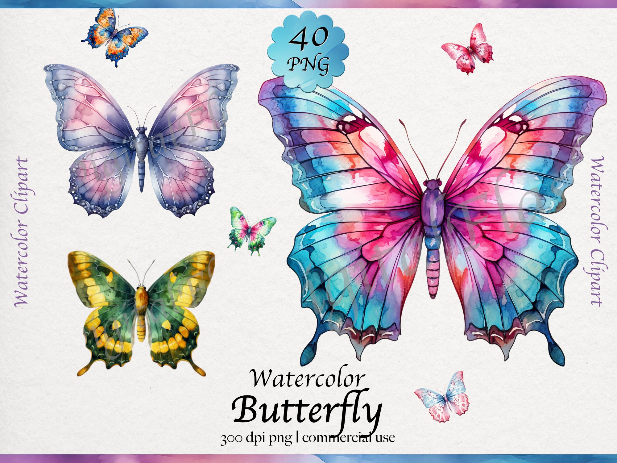 40 Watercolor Butterfly Clipart, Vibrant Butterflies, Whimsical, Nature ...