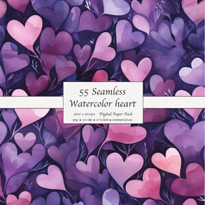 55 Seamless Watercolor Heart Pattern, Digital Paper Pack, Dark, Love ...