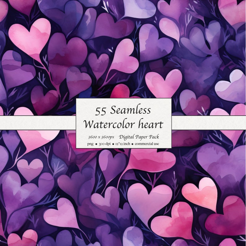 55 Seamless Watercolor Heart Pattern, Digital Paper Pack, Dark, Love ...