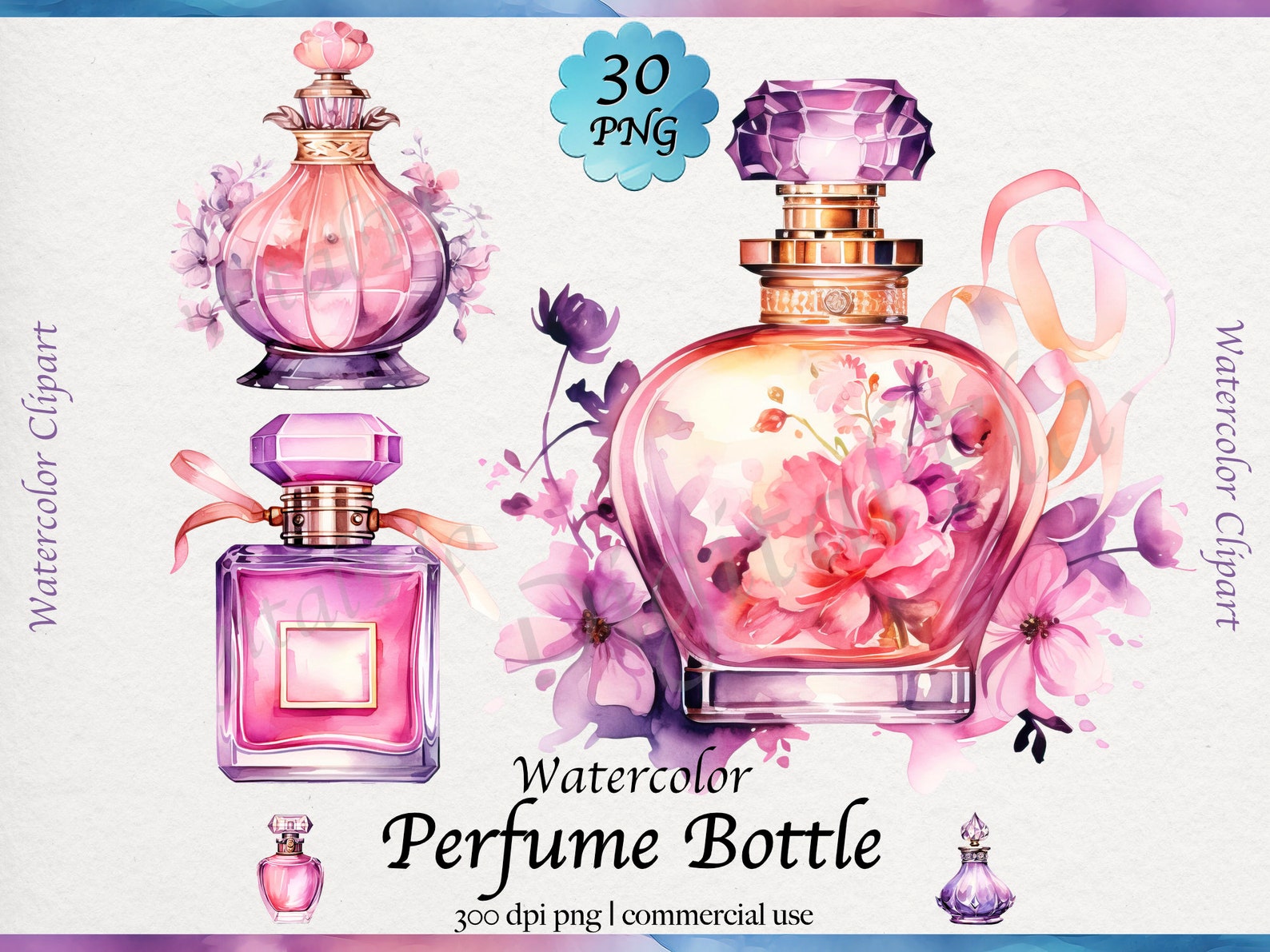 30 Watercolor Perfume Bottle Clipart, Victorian, Pink, Purple ...