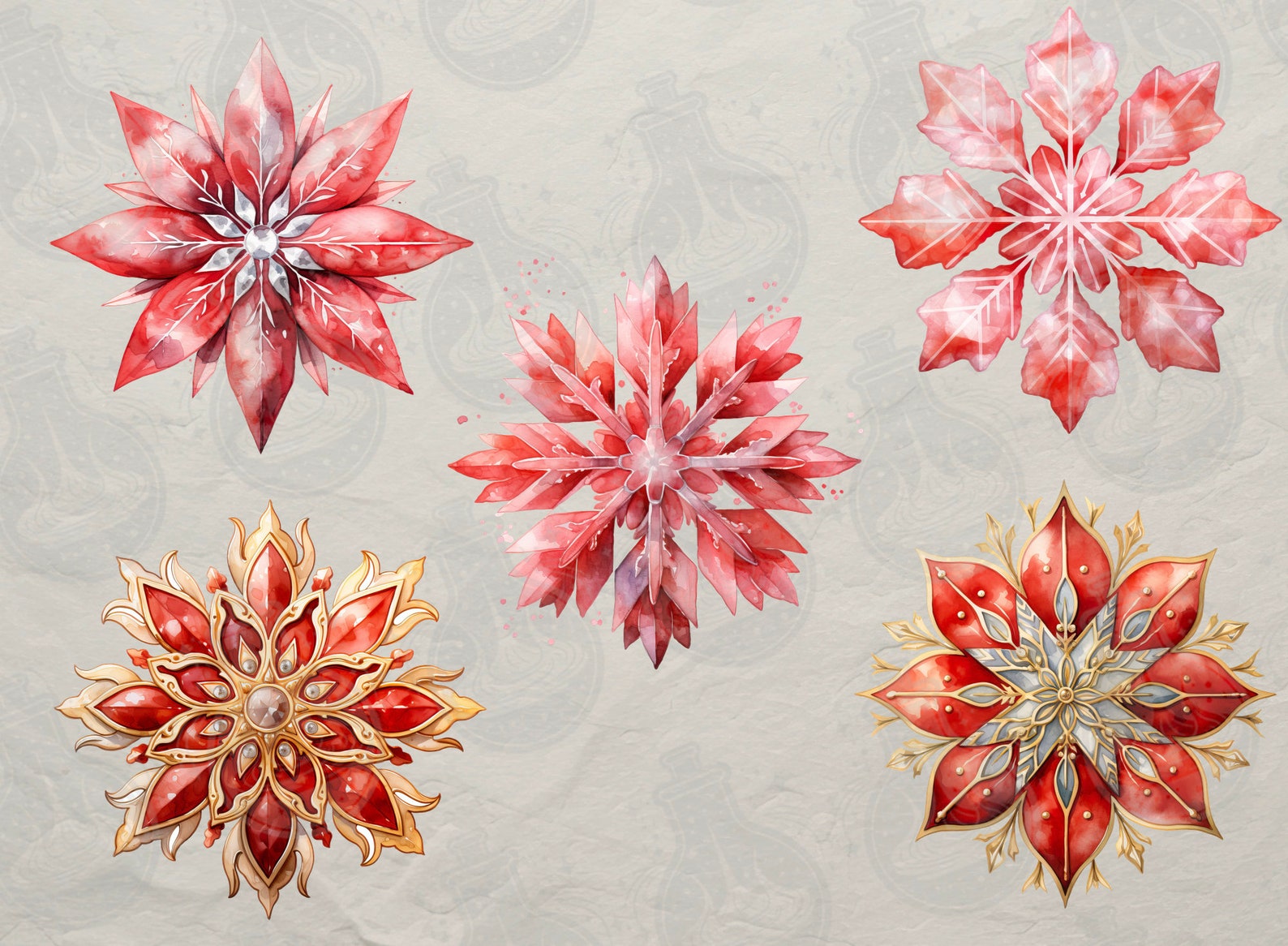 15 Watercolor Red Snowflakes Clipart, Winter Wonderland, Holiday Decor ...
