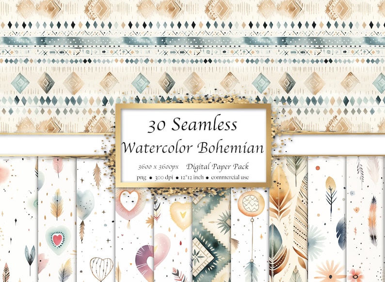 30 Seamless Watercolor Bohemian Pattern Digital Paper Pack, Seamless ...