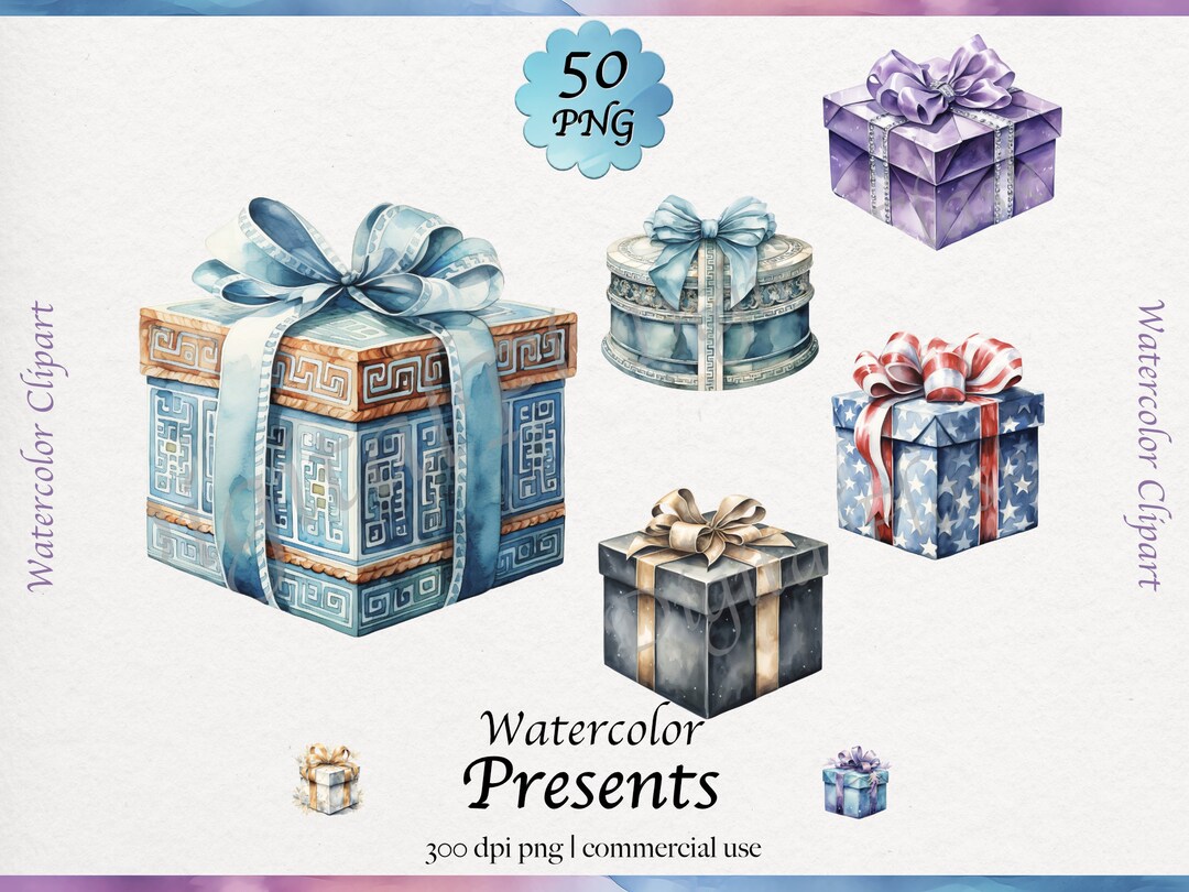 50 Watercolor Presents Clipart, Gift Box, Festive Wrapping, Wedding ...